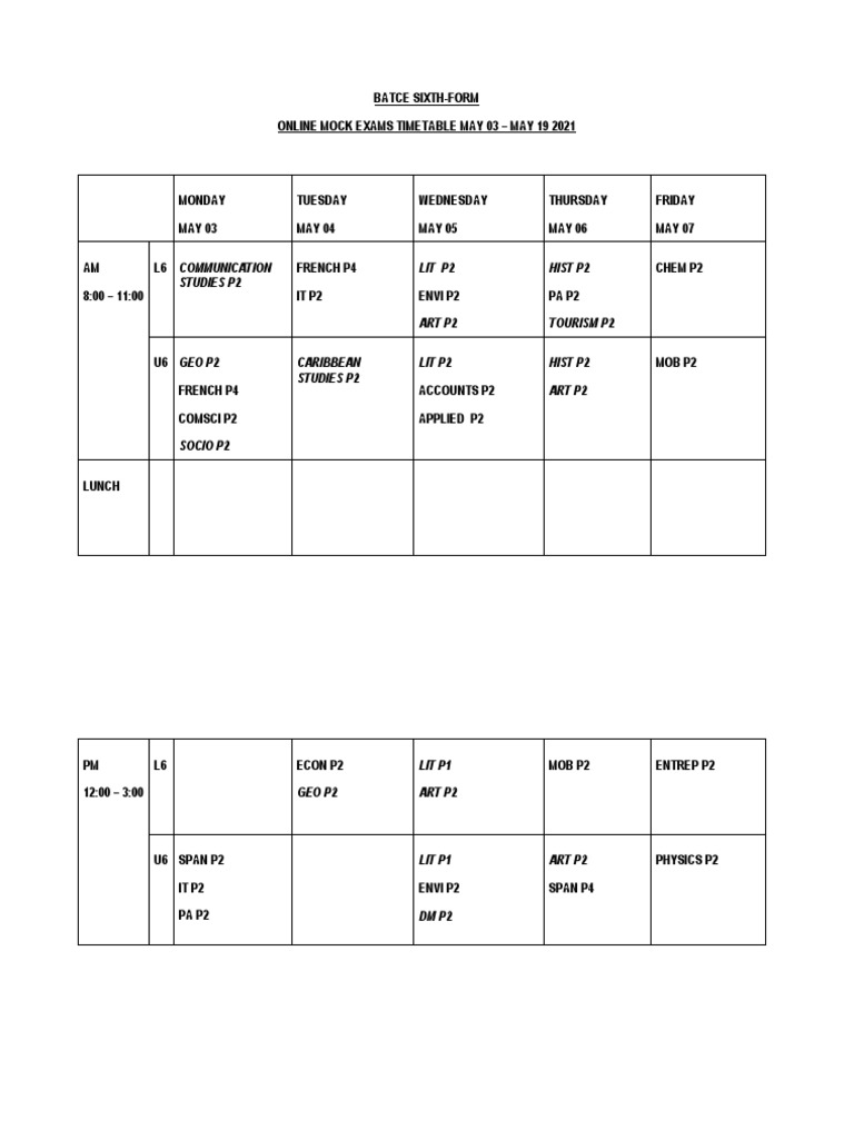 Mock Timetable 2021 | PDF