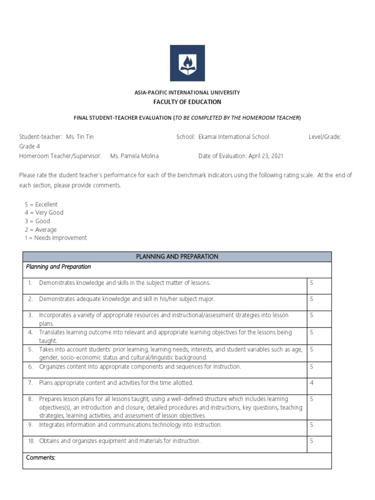 Final Student Teacher Evaluation of Tin Tin | PDF | Educational ...
