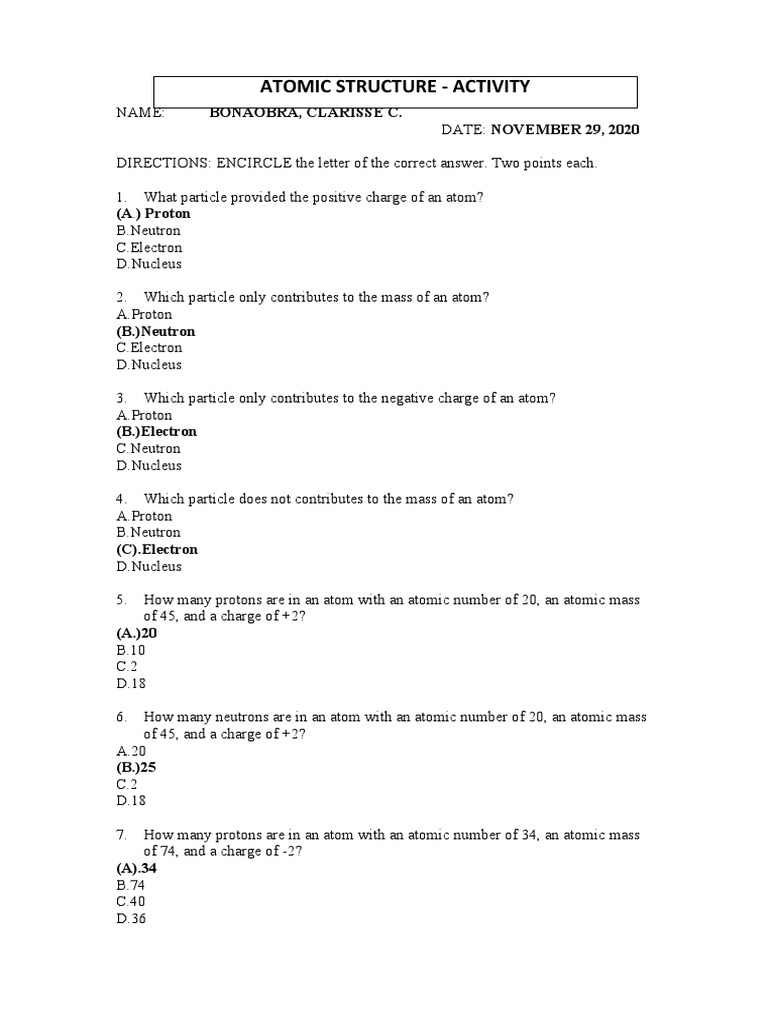 Atomic Structure Activity | Download Free PDF | Atoms | Proton