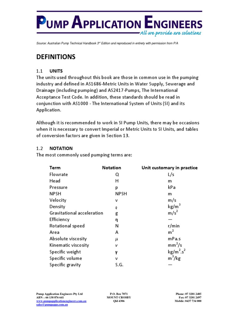 Definitions: Source: Australian Pump Technical Handbook 3 Edition and ...
