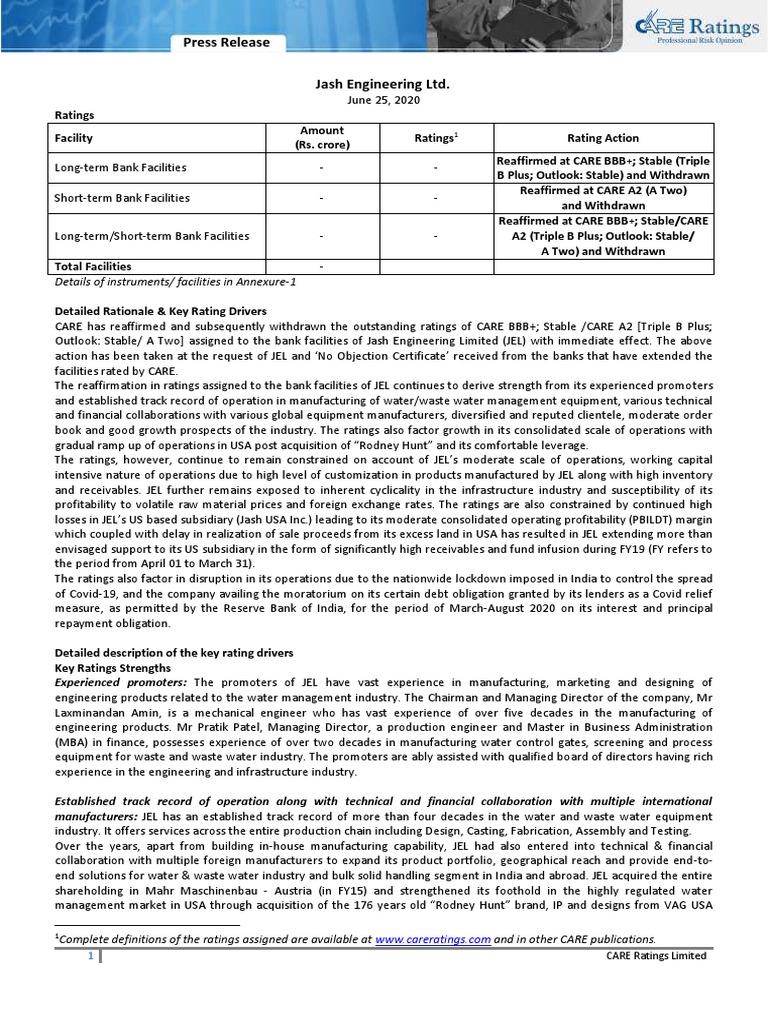 Press Release Jash Engineering LTD.: Details of Instruments/ Facilities ...