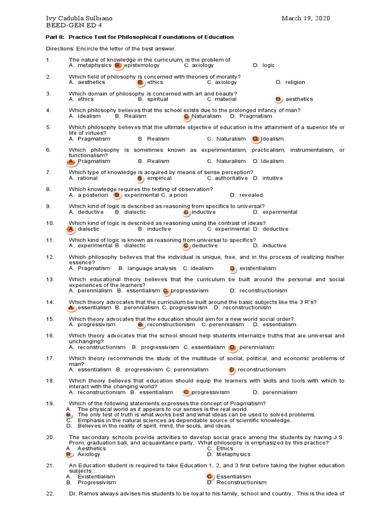 Philosophy in Education Exam | PDF | Pragmatism | Reason