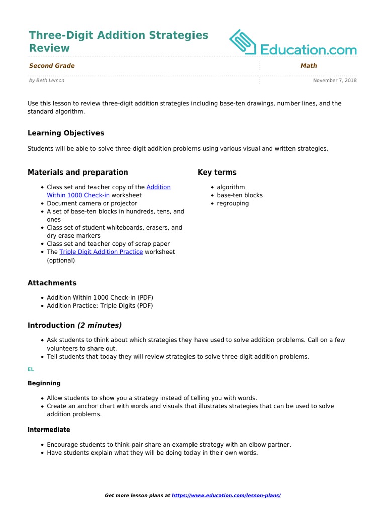 Three Digit Addition Strategies Review 2 | PDF | Worksheet | Lesson Plan