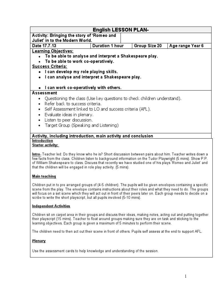 English LESSON PLAN - Shakespeare | PDF | Language Arts & Discipline