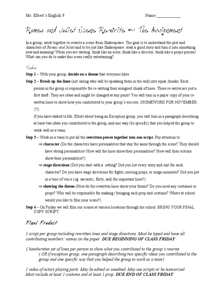 Romeo and Juliet Scene Re-Write The Assignment: Ms. Elbert's English 9 ...