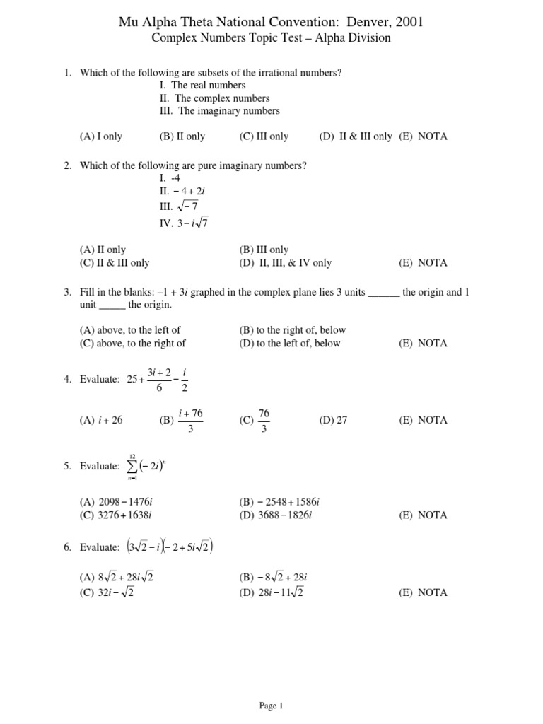 Complex Numbers Test for Alpha Division | PDF | Zero Of A Function ...