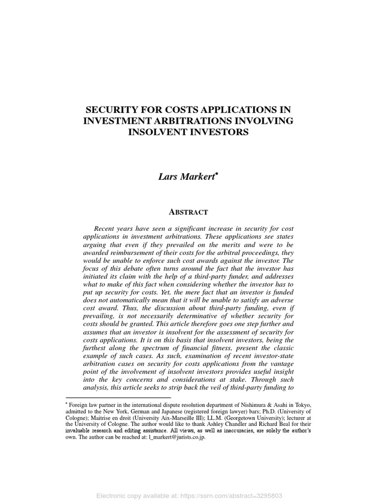 Lars Markert, SECURITY FOR COSTS APPLICATIONS IN | PDF | Costs In ...