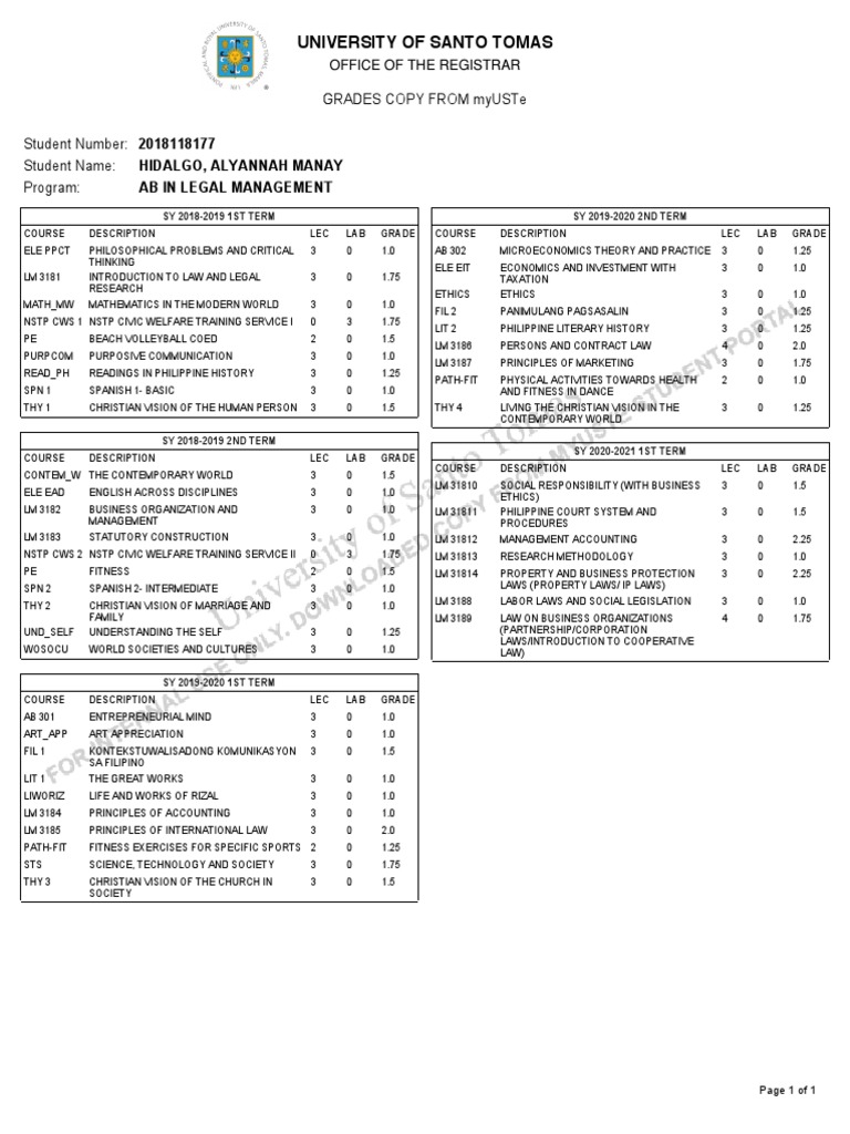 myUSTe Transcript2018118177 | PDF | Science