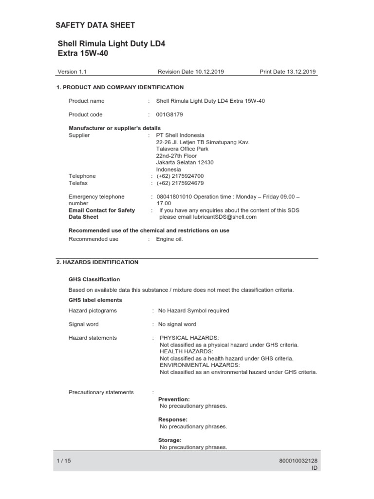 Shell Rimula Light Duty LD4 Extra 15W-40 MSDS English | PDF | Personal ...