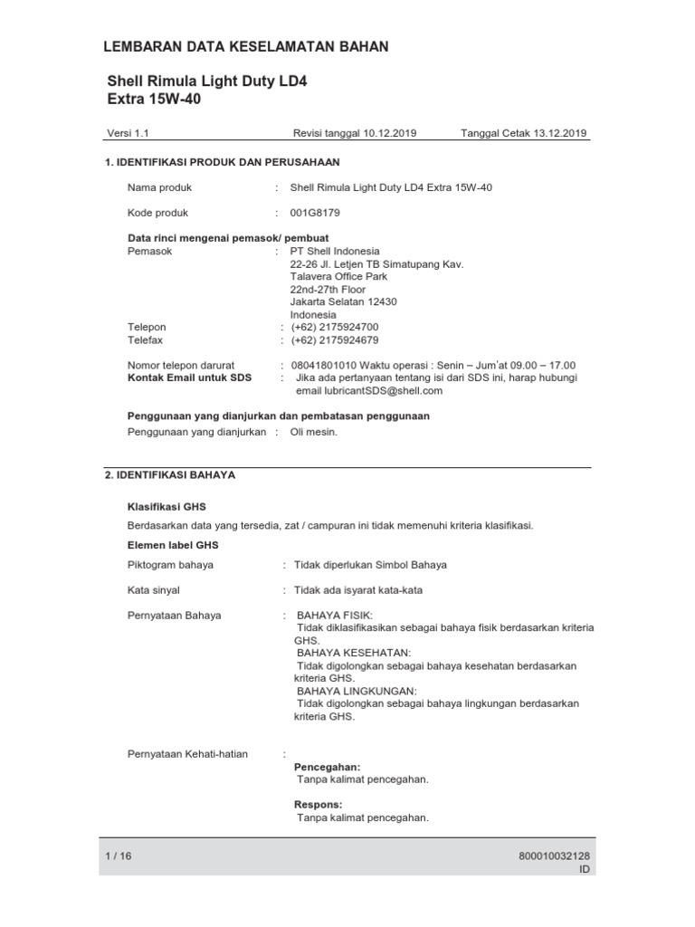 Shell Rimula Light Duty LD4 Extra 15W-40 MSDS Indo | PDF