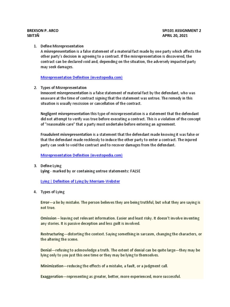 Define Misrepresentation: Brexson P. Arco Spi101 Assignment 2 Sbit3Ñ ...