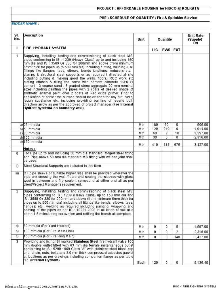 Hidco Affordable Housing FIRE BOQ - (Internal & External) 04.05.2021 | PDF | Pipe (Fluid ...