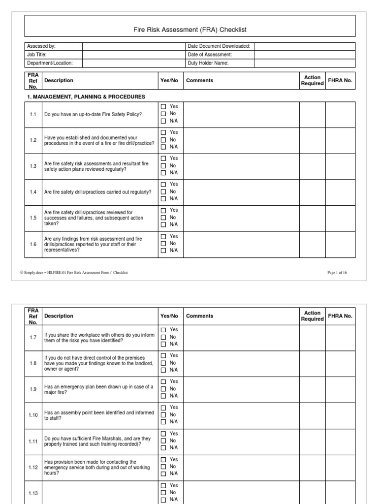 Fire Risk Assessment (FRA) Checklist: FRA Ref No. Description Yes/No ...