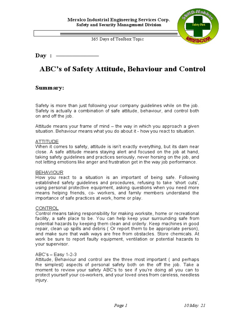 ABCs of Safety: Attitude, Behavior, Control | PDF