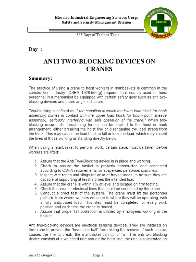 Anti Two-Blocking Devices On Cranes | PDF | Crane (Machine ...