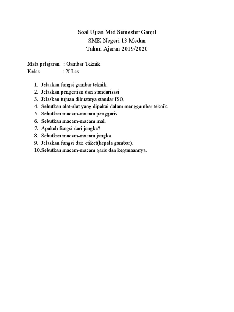 Soal Ujian Mid Semester Ganjil Gambar Teknik | PDF