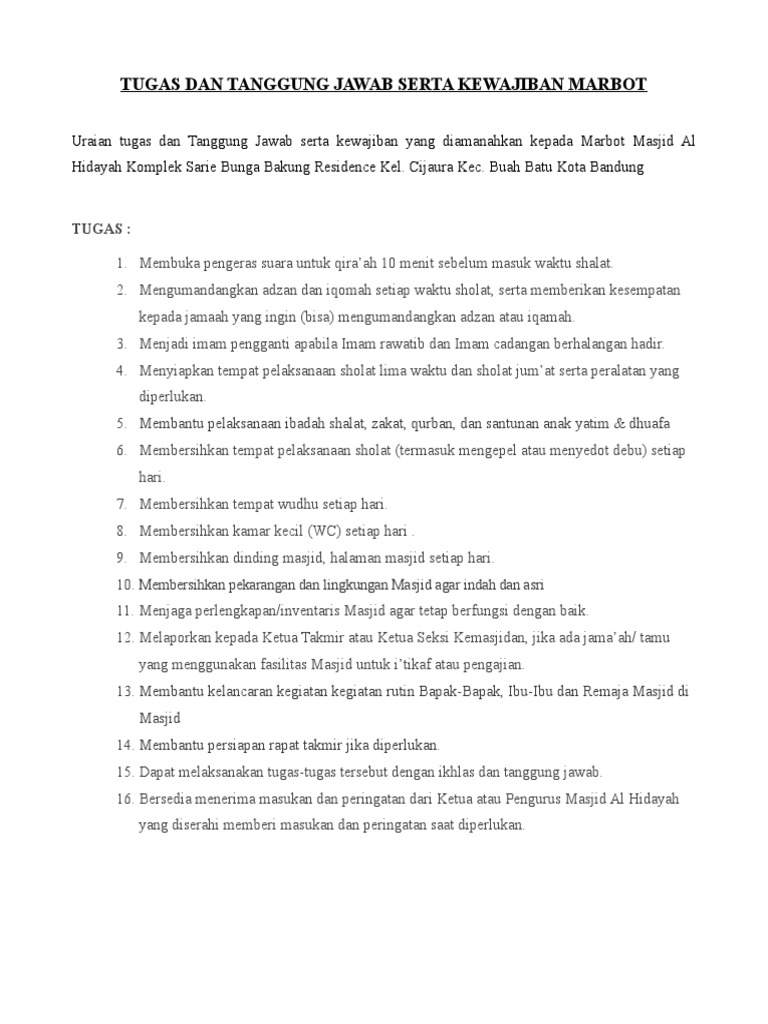 Tugas dan Tanggung Jawab Marbot Masjid | PDF | Griya & Taman | Agama ...