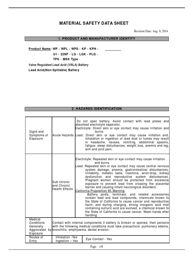MSDS-2014 08 (E) | PDF | Lead | Sulfuric Acid