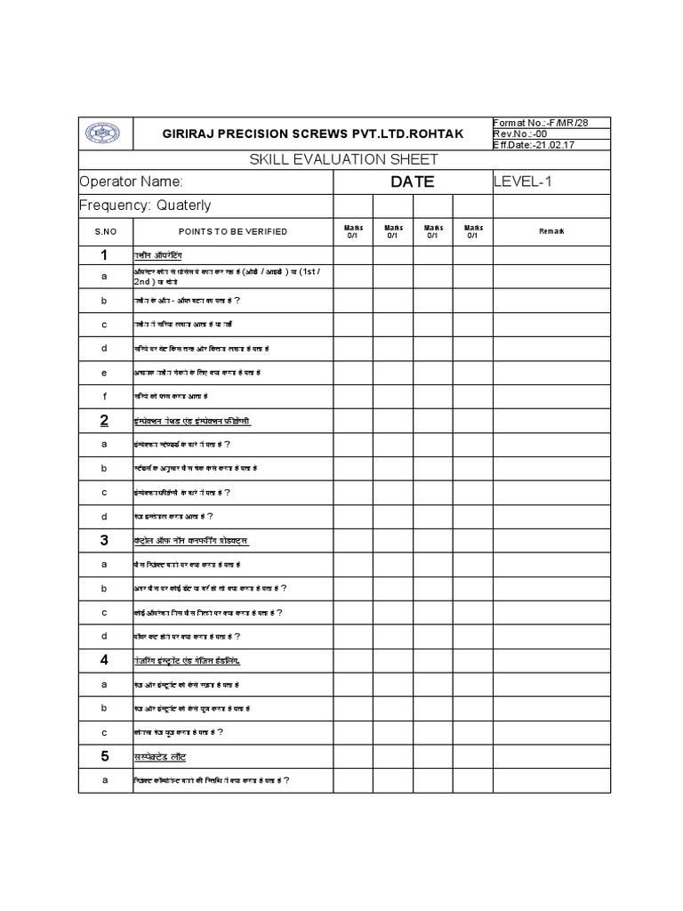 F.MR.28 Traub Operator Skill Evaluation Check Sheet | PDF