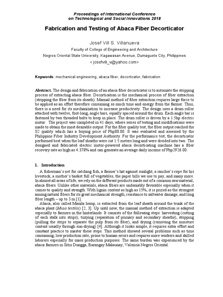 Fabrication and Testing of Abaca Fiber Decorticator: Josef Vill S ...