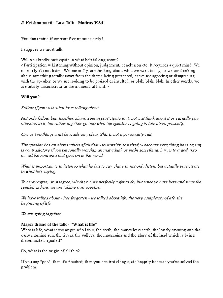 J. Krishnamurti Last Public Talk - Madras 1986 | PDF | Meditation | Temple