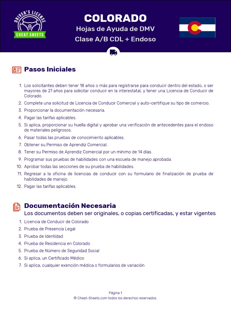 DMV Cheat Sheet Colorado Es CDL Clase A B Endoso | PDF | Neumático ...