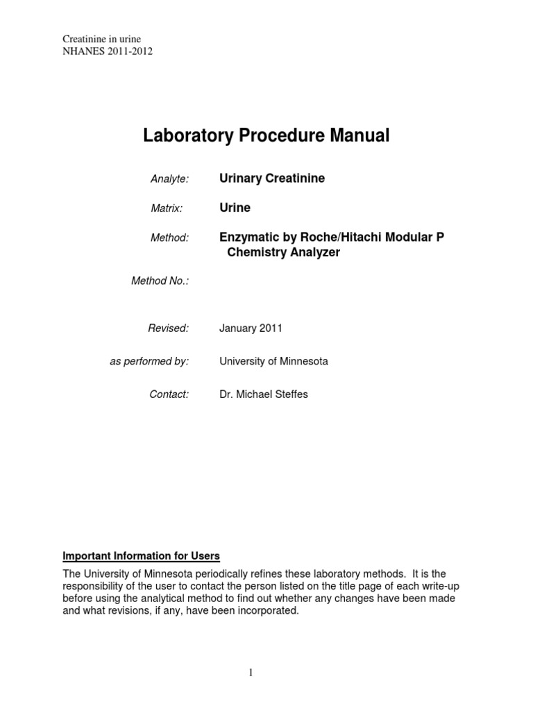 Laboratory Procedure Manual: Urinary Creatinine Urine Enzymatic by ...