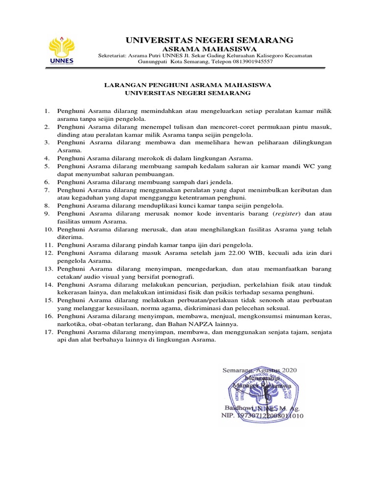 Peraturan Asrama Putri UNNES | PDF