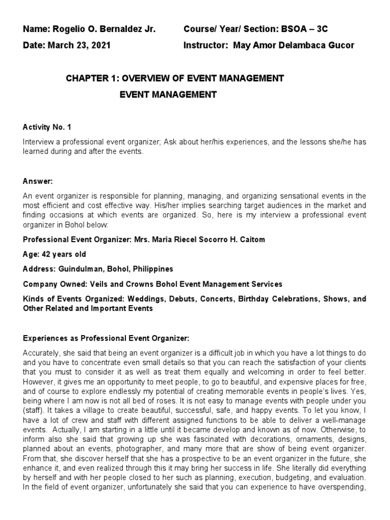 Event Management ChapteR 1 BSOA-3C | PDF | Human Nature
