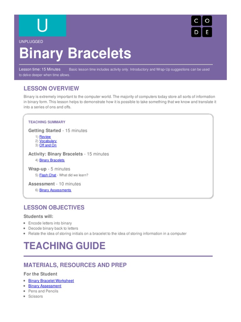 Binary Bracelets: Teaching Guide | PDF | Bit | Computing