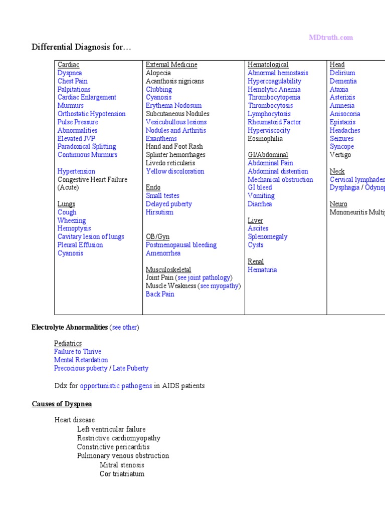 Differential Diagnosis For : DDX For in AIDS Patients | PDF | Pulse | Heart