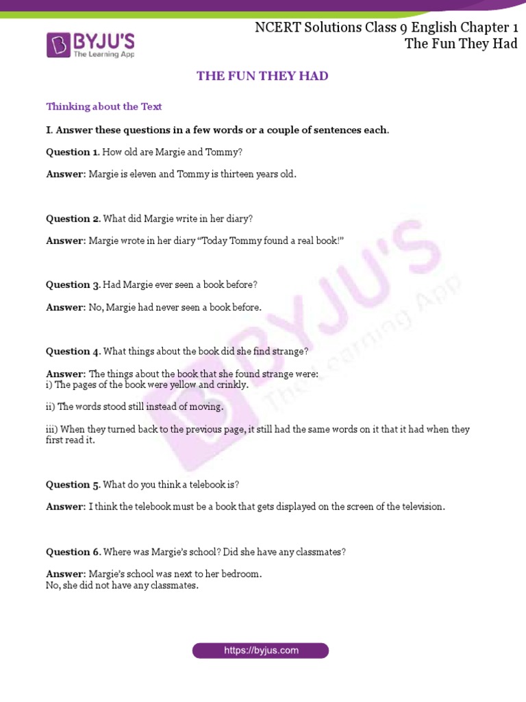 NCERT Solutions Class 9 English Chapter 1 The Fun They Had | Download ...
