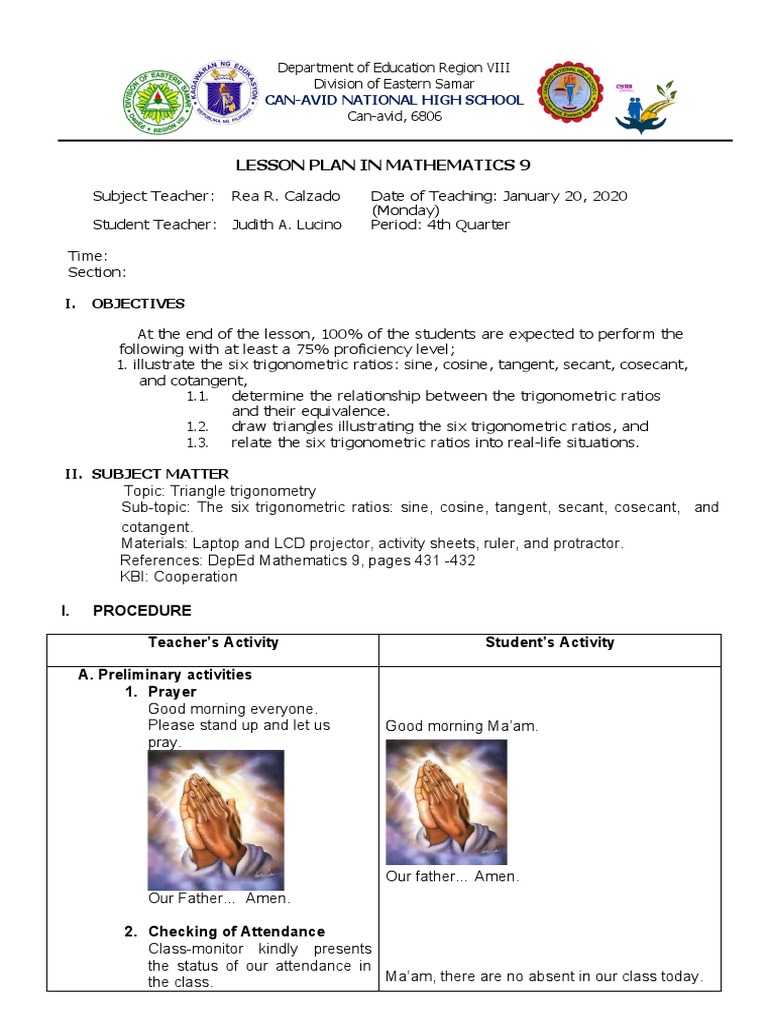 Detailed Lesson Plan in Grade 9 Lesson 1 | PDF | Trigonometric ...