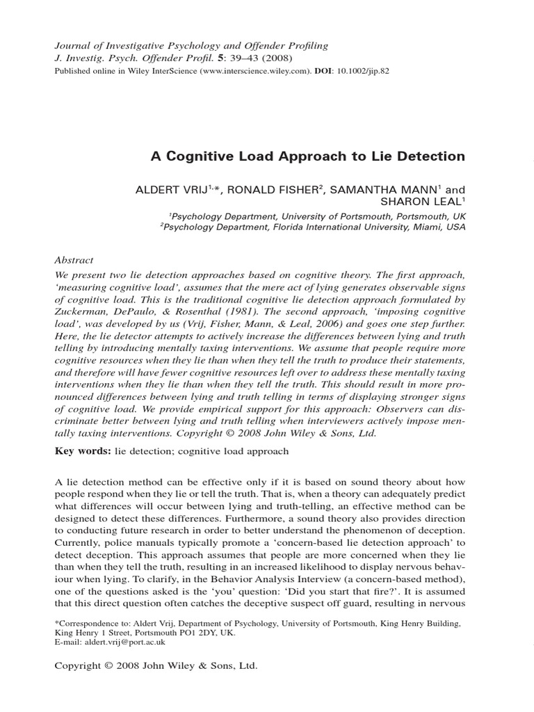 Aldert Vrij - Cognitive Approach To Lie Detection | PDF | Deception | Polygraph