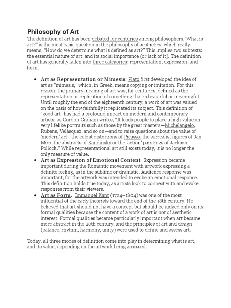 Philosophy of Art: Art As Representation or Mimesis. Plato First Developed The Idea of | PDF ...