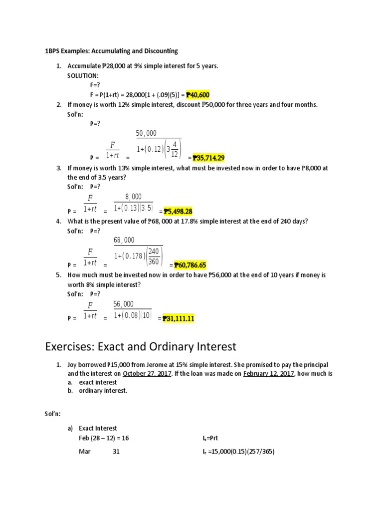 Exercises: Exact and Ordinary Interest: 1BPS Examples: Accumulating and Discounting | PDF ...