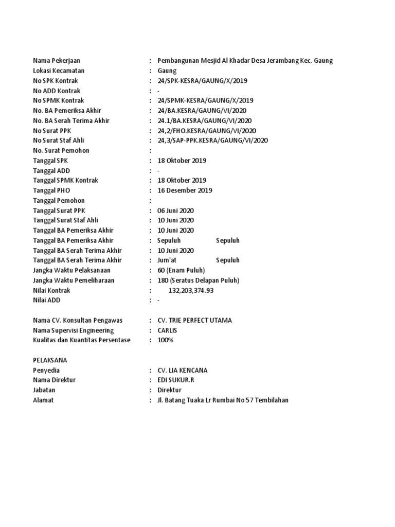 Fho Cv. Lia Kencana Al Khadar | PDF