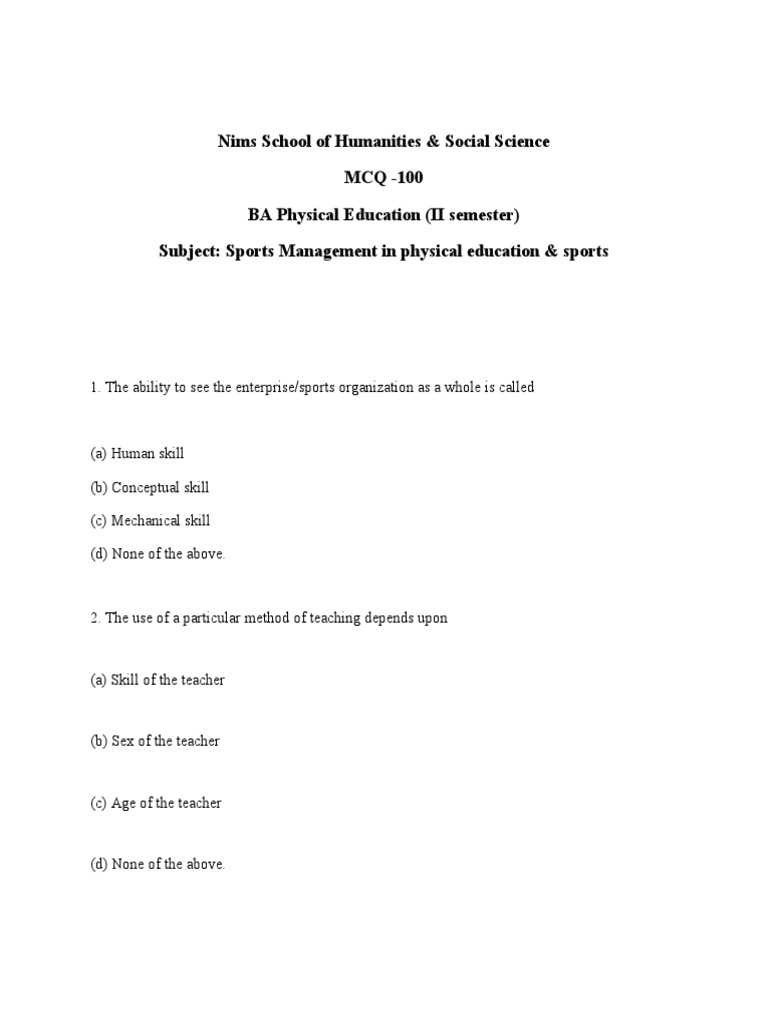 Sports Management MCQs for Education | PDF | Goal | Policy