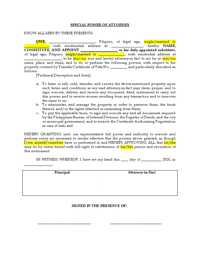 SPA Property Template | PDF | Power Of Attorney | Deed