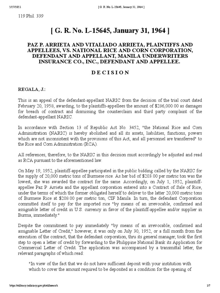 Arrieta v. NARIC, 10 SCRA 79 (1964) | PDF | Letter Of Credit | Breach ...