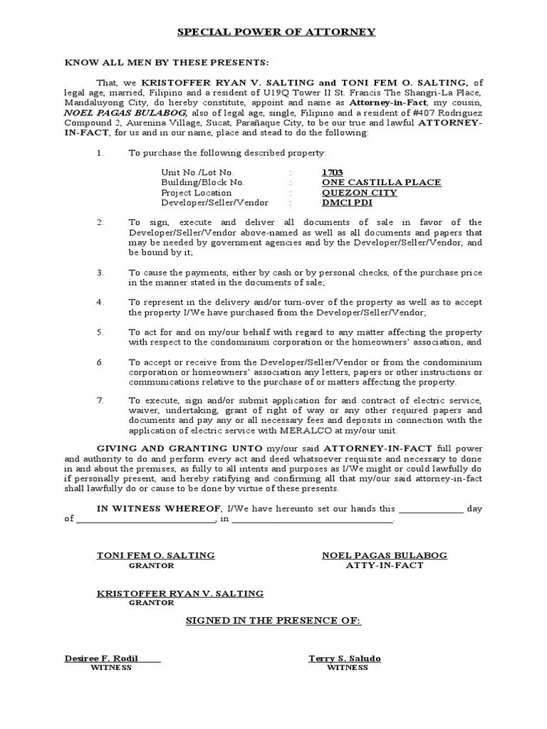 Special Power of Attorney - Dmci-Pdi | PDF | Power Of Attorney | Common Law