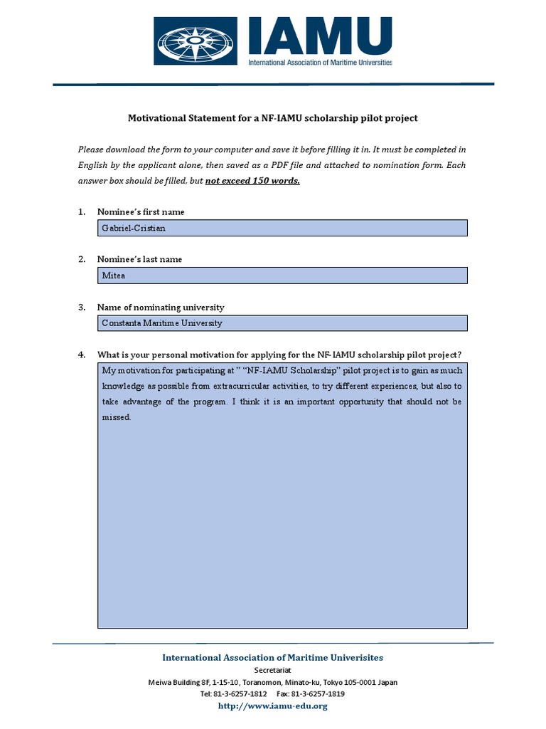 NF-IAMU Scholarship Motivation | PDF | Service Learning | Motivation