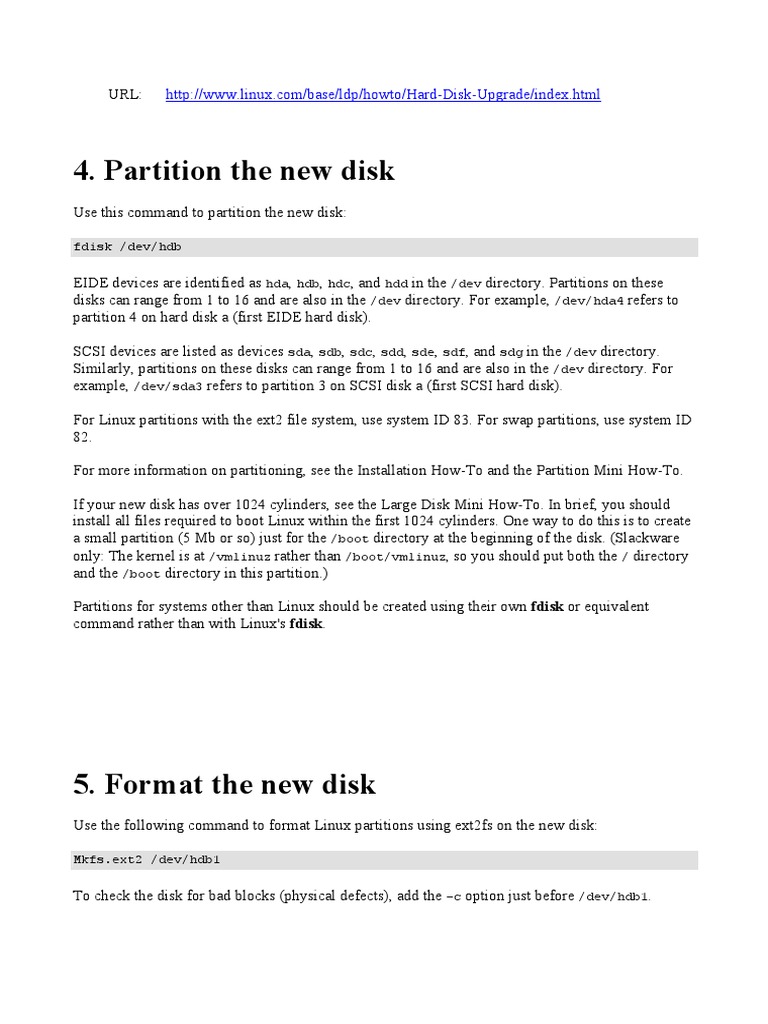 Partition The New Disk: Fdisk /dev/hdb Hda HDB HDC HDD /dev /dev /dev/hda4 | PDF