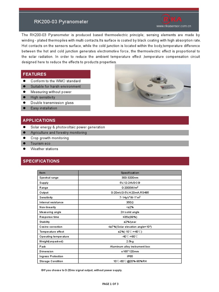 RK200-03 Pyranometer Specification v2.0 | PDF | Electrical Engineering | Electricity