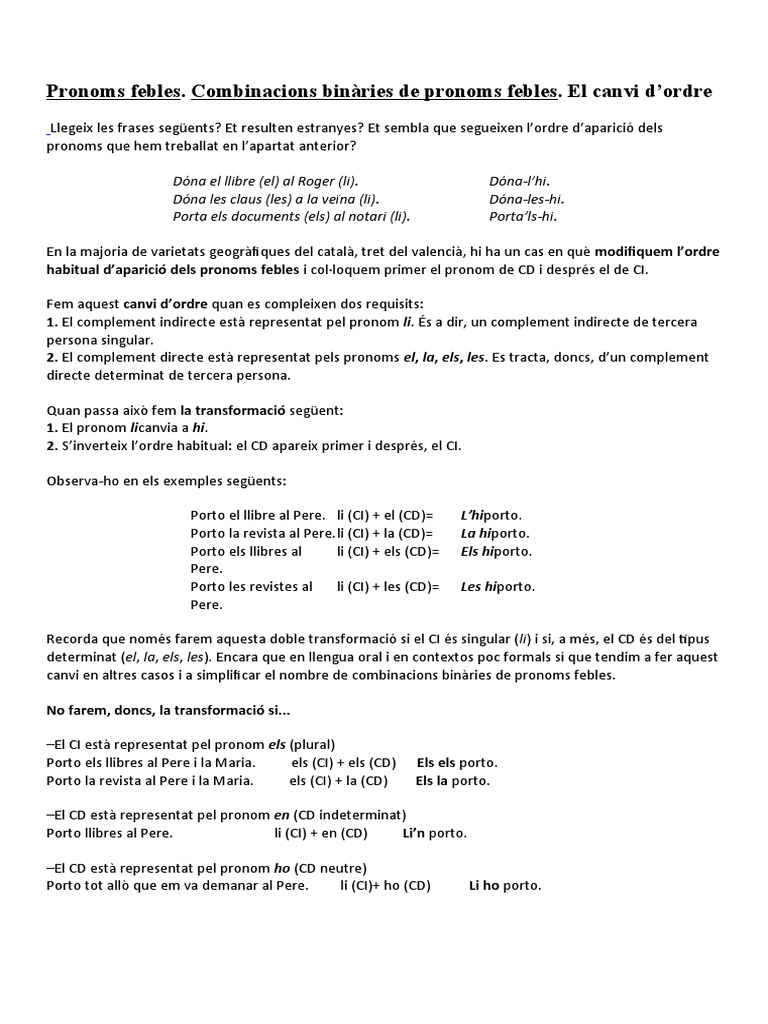 Pronoms Febles Combinacions Binàries | PDF
