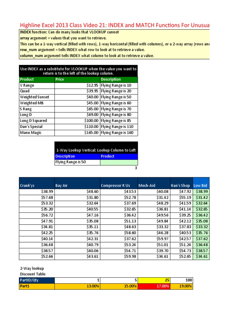 Highline Excel 2013 Class Video 21: INDEX and MATCH Functions For Unusual Lookups 4 Examples ...