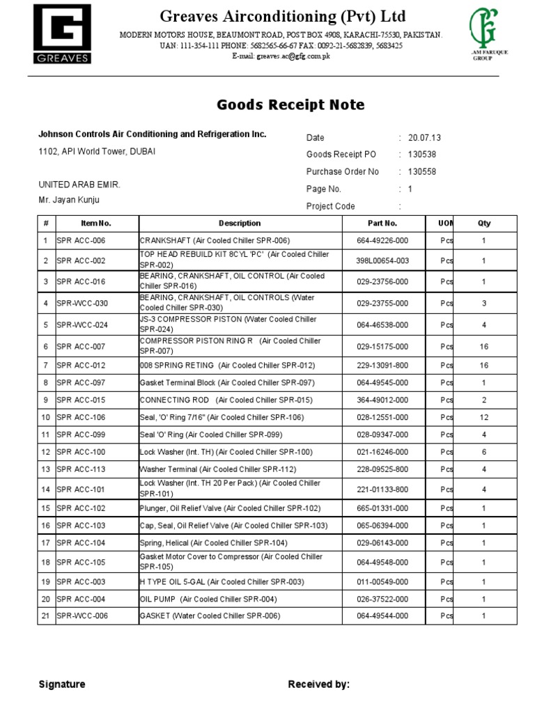 Goods Receipt Note: Johnson Controls Air Conditioning and Refrigeration ...