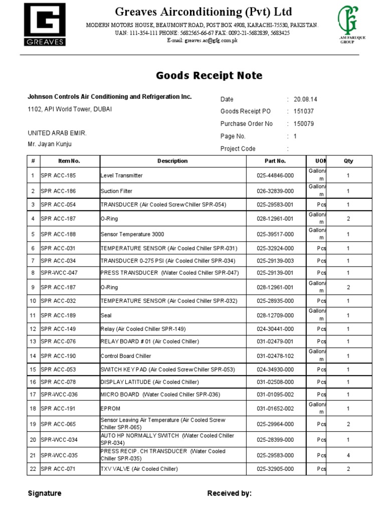 Goods Receipt Note: Johnson Controls Air Conditioning and Refrigeration ...