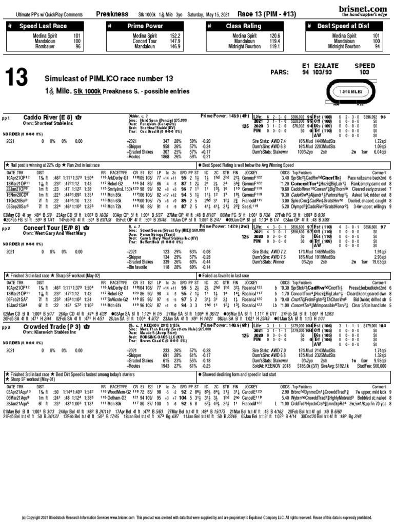Brisnet Preakness Stakes 2021 Contender PPs Optimized | PDF | American ...