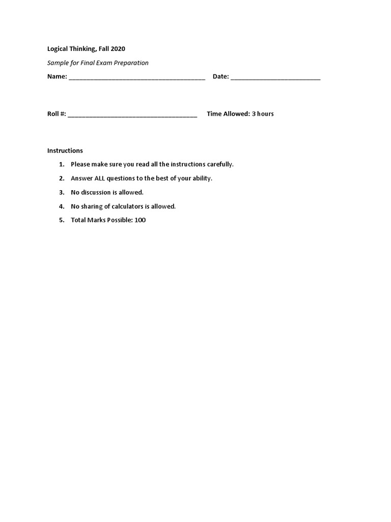 Logical Thinking - Sample Final Exam | PDF | Argument | Logic